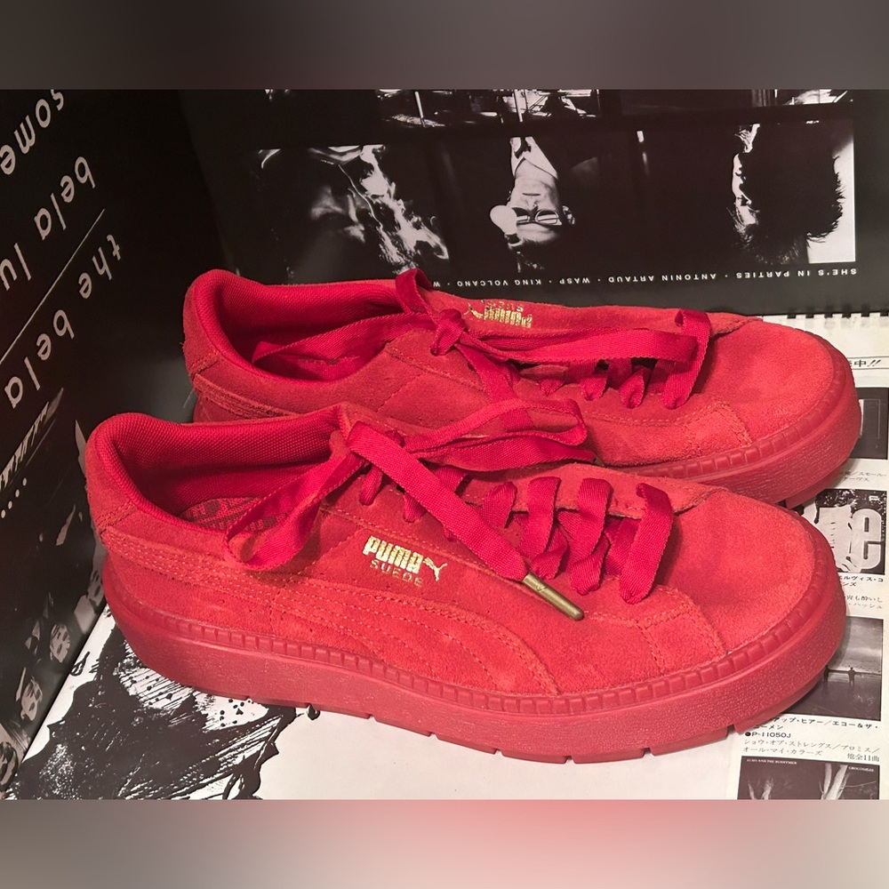 Puma Red Suede Trace Valentines Day Platform Sneakers. - Gem